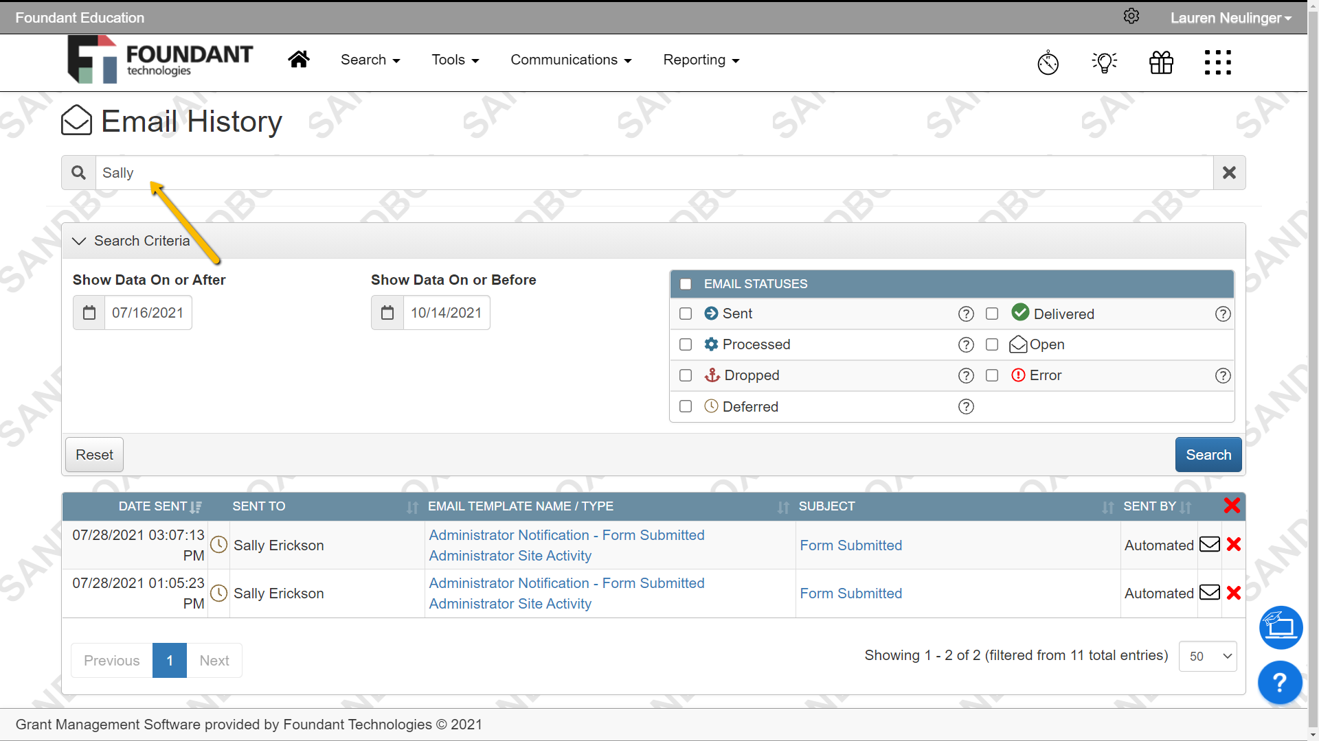 Email History Page – Foundant Technologies
